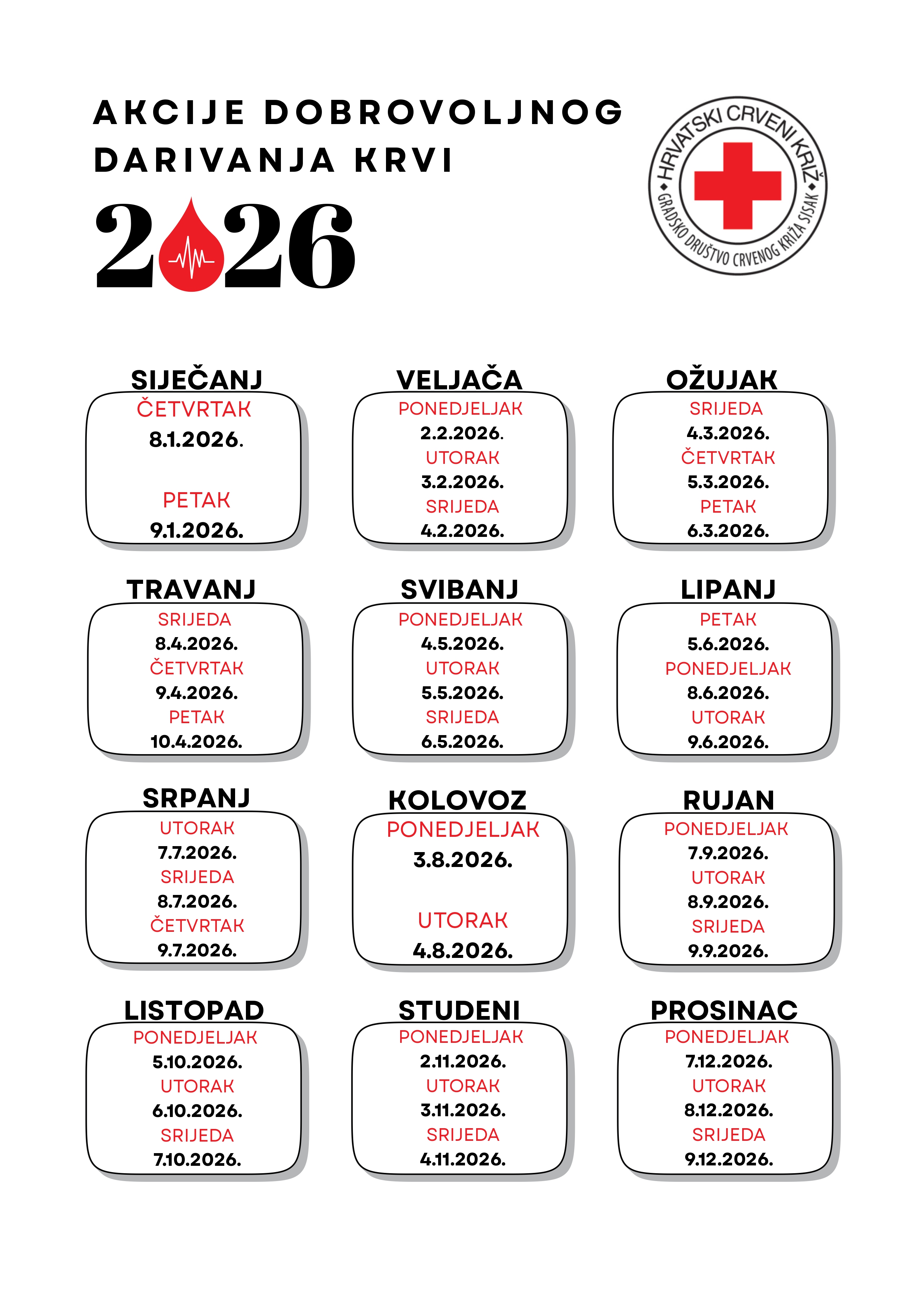 Kalendar akcija darivanja krvi za 2026. godinu / Gradsko društvo Crvenog križa Sisak